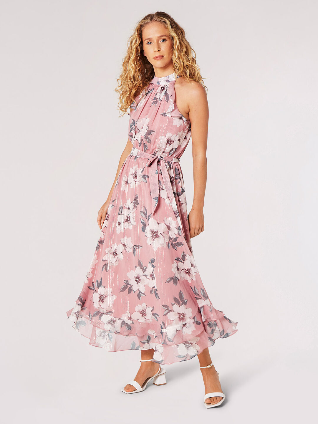 Painterly Floral Shimmer Midi Dress | Apricot Clothing