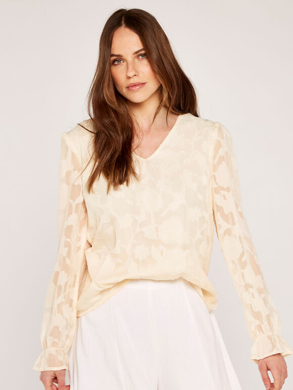 Chiffon Jacquard long Slv Blouse | Apricot Clothing