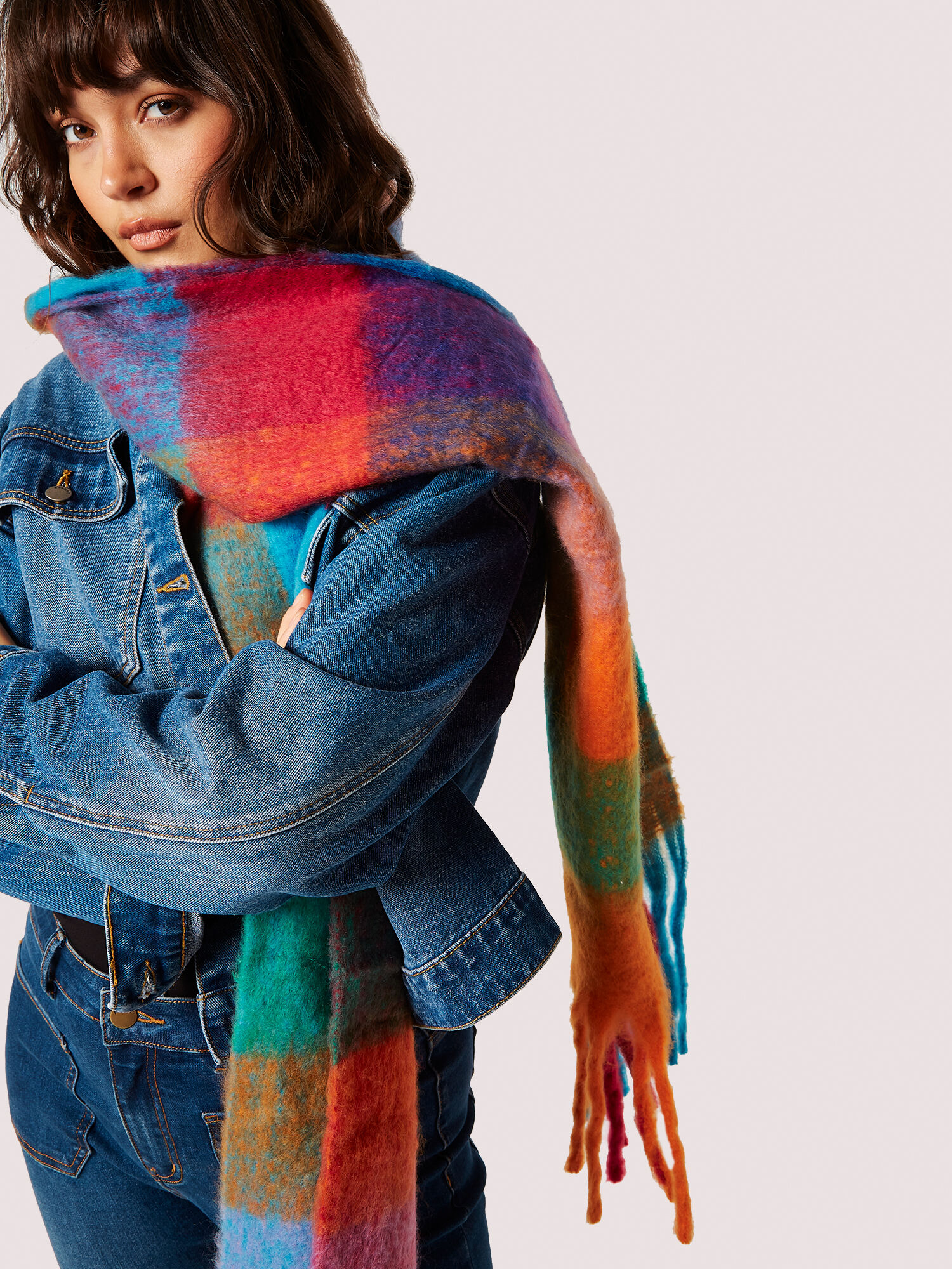 Colour Block Check Square Scarf Apricot Clothing