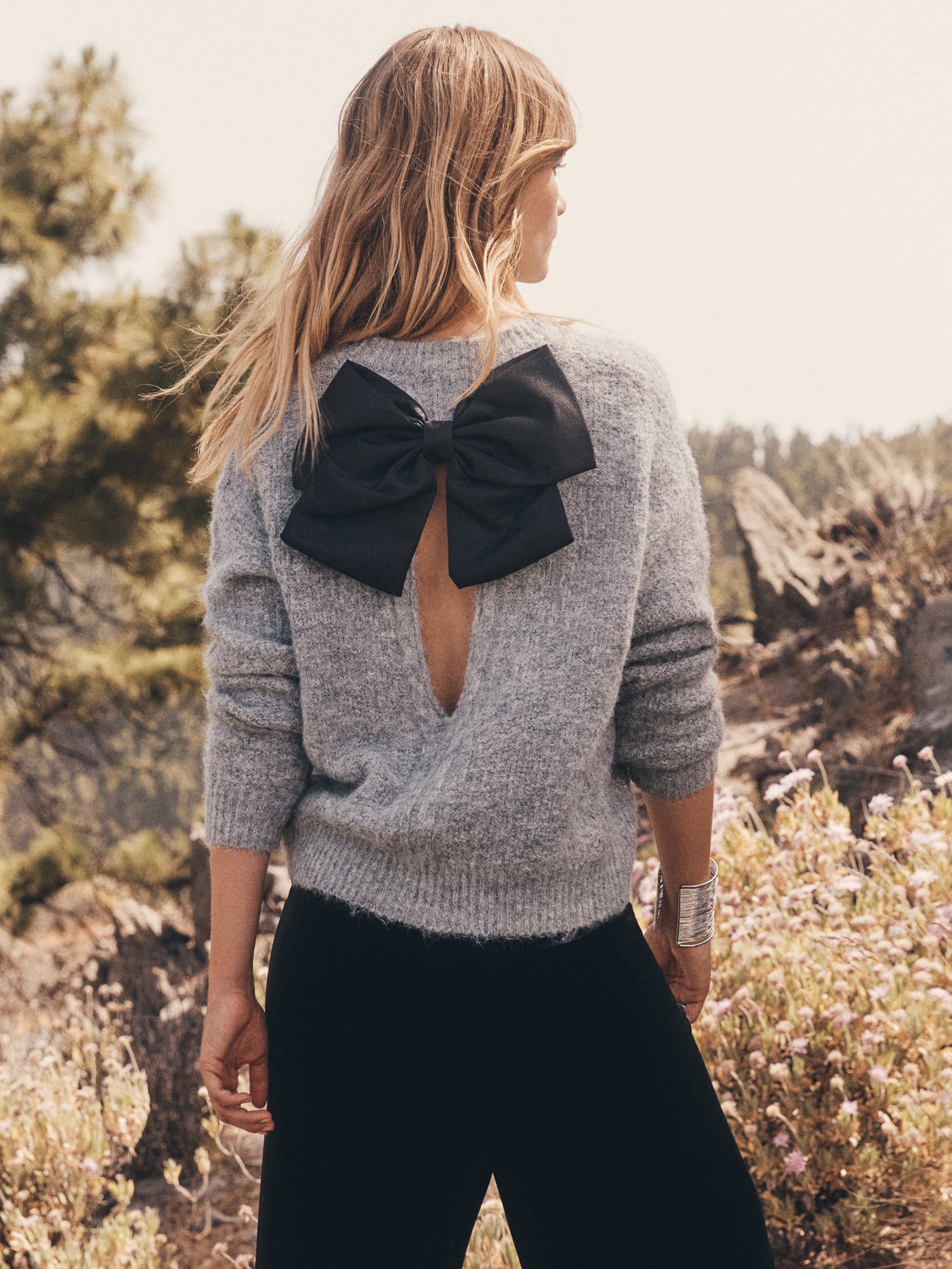 Bow Back Shimmer Fluffy Jumper | Apricot Clothing