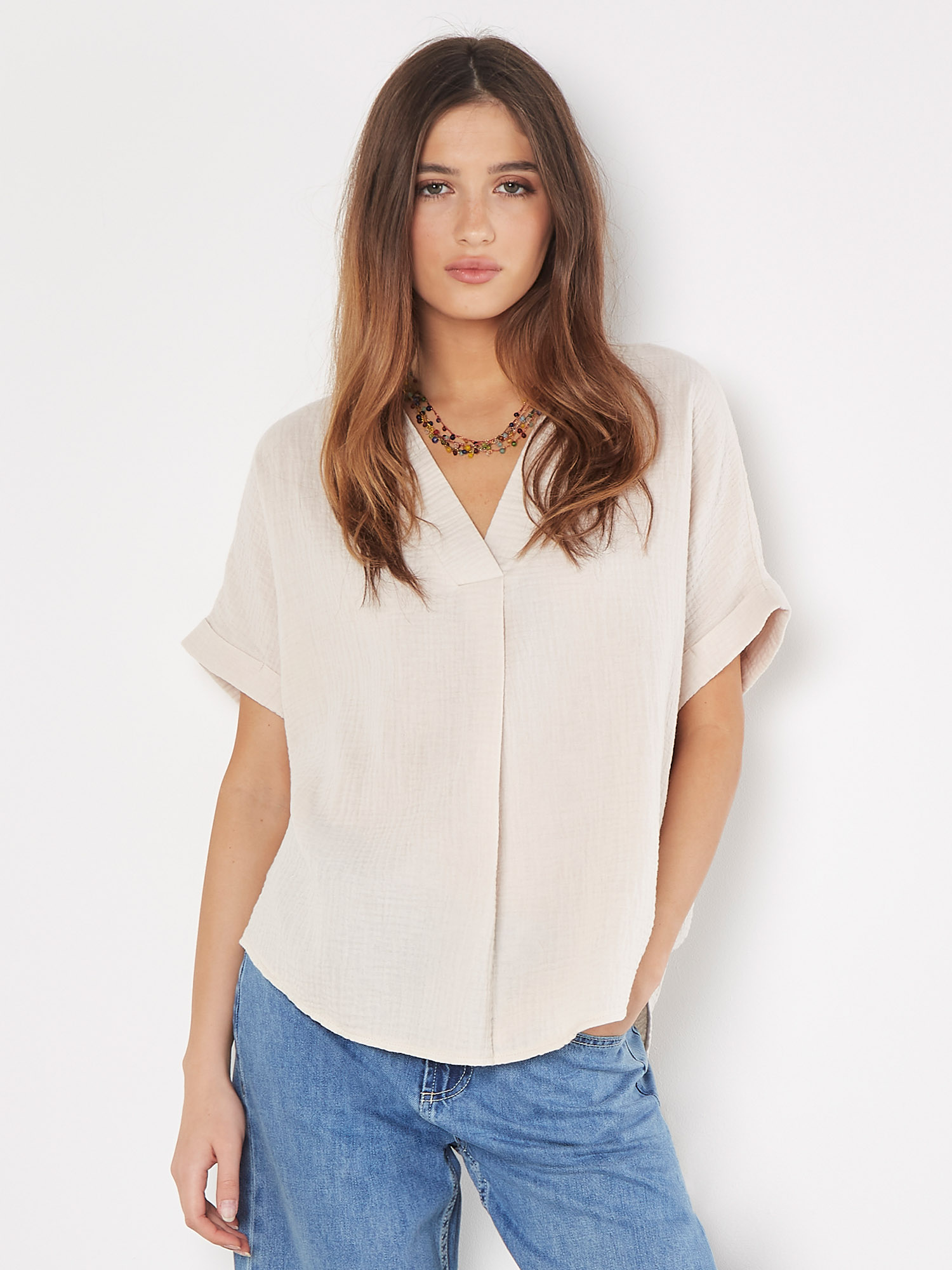 Textured Cotton Pleat Front Top | Apricot Clothing