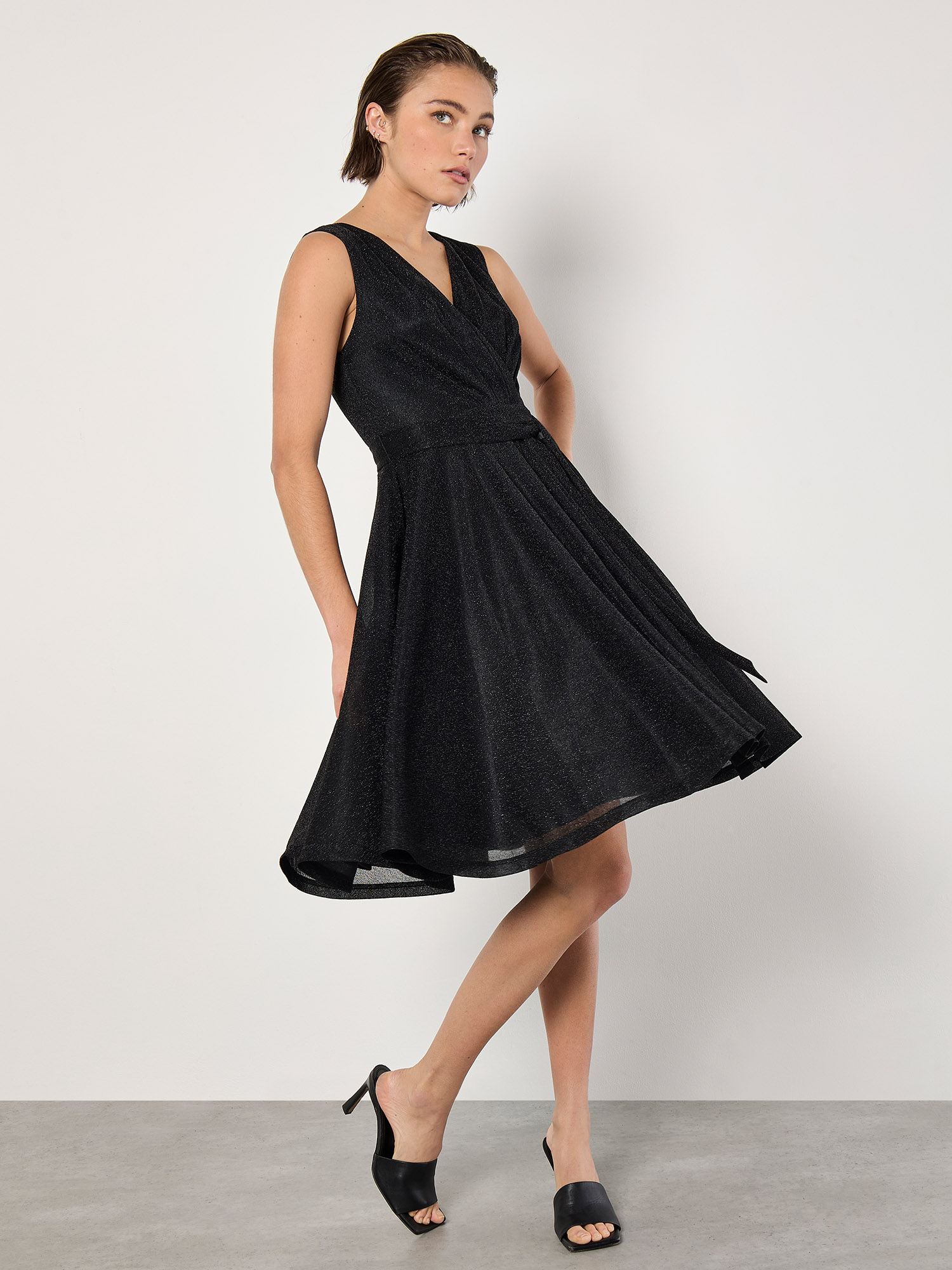 Metallic Pleat Skater Mini Dress | Apricot Clothing