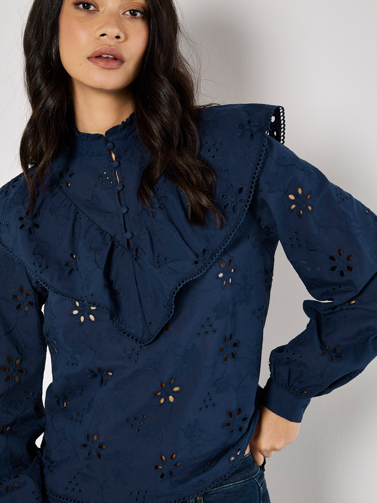 Embroidered Cotton Ruffle Blouse | Apricot Clothing