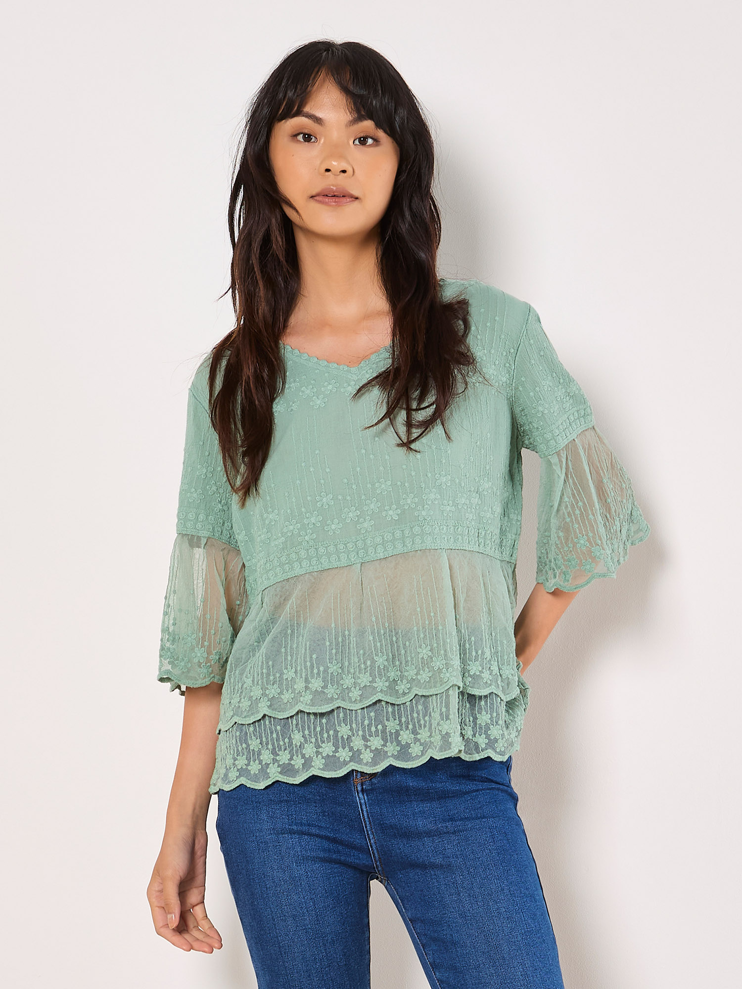 Embroidered Cotton Mesh Blouse | Apricot Clothing